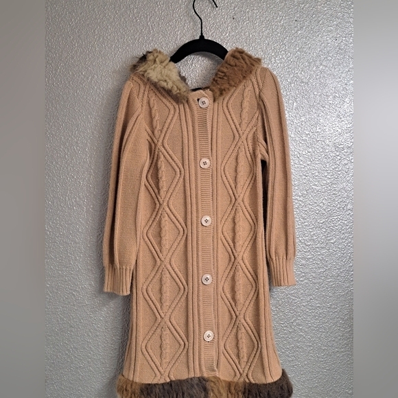 Shirts & Tops | Girls Long Tan Cardigan With A Faux Fur Hood Hemline ...